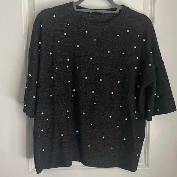 Zara | Tops | Zara Grey With Pearls Top | Poshmark